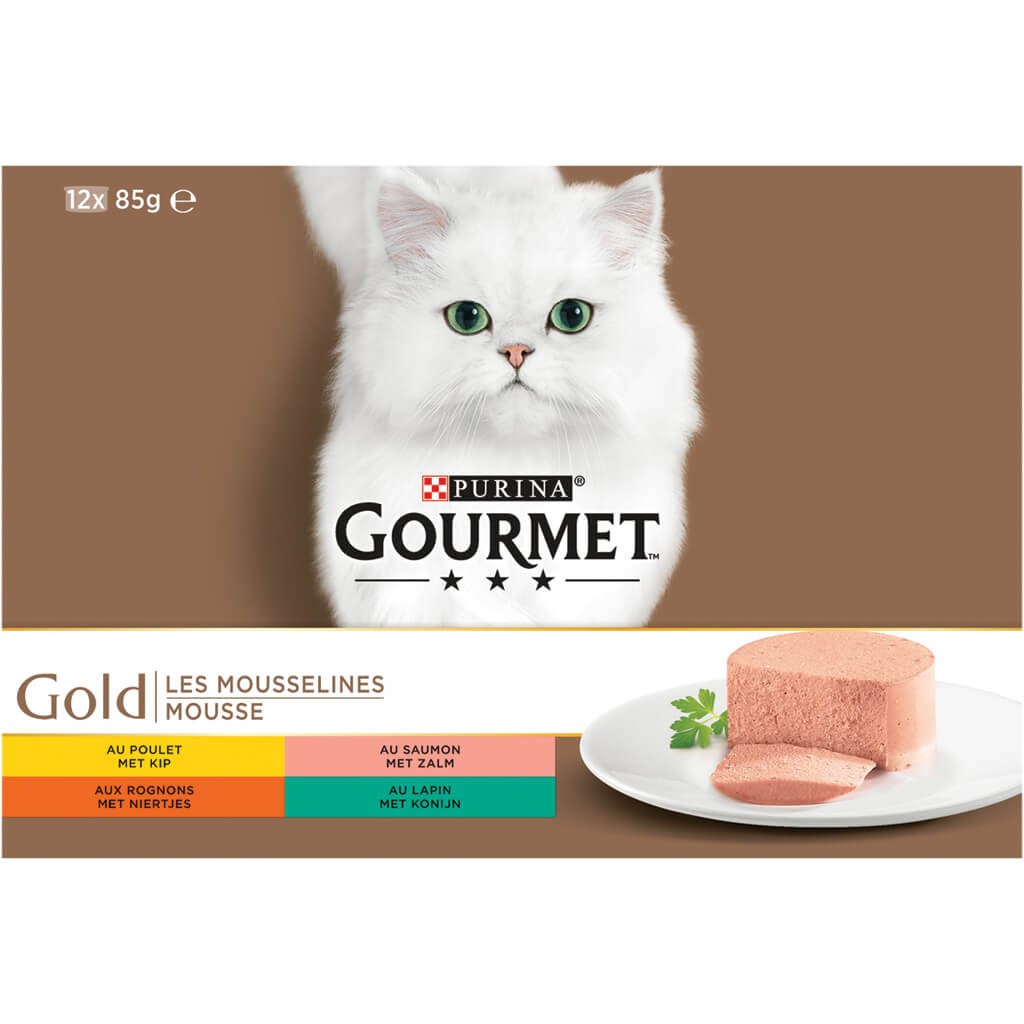 Gourmet Gold 12-Pack mousse met kip/zalm/niertjes/konijn